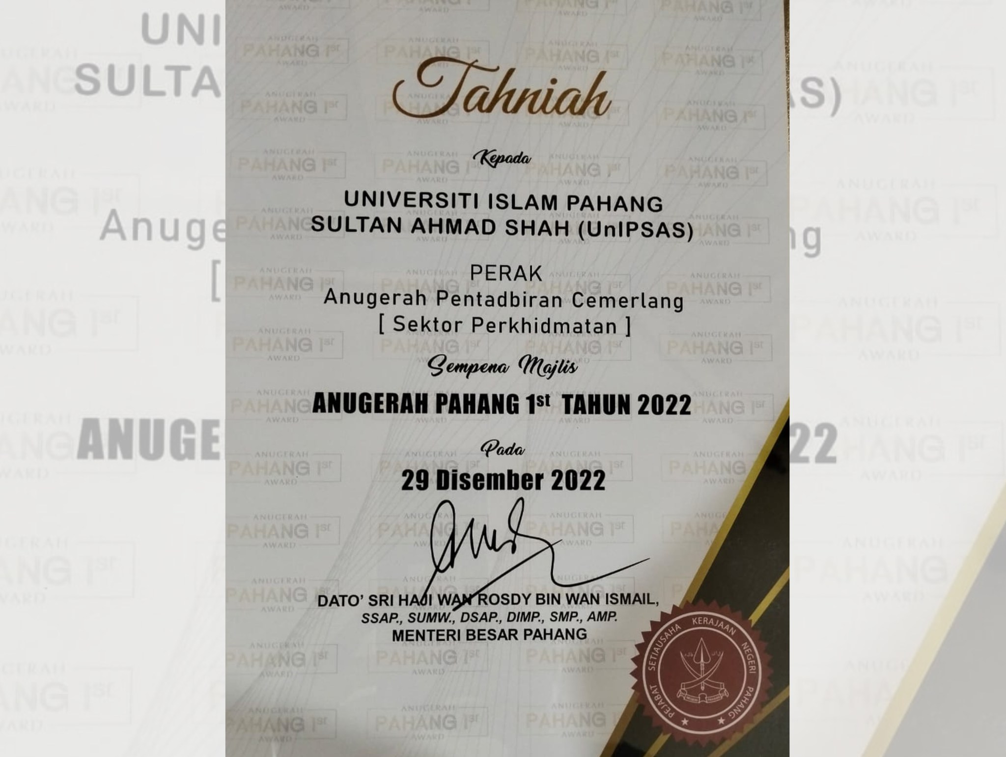 UnIPSAS Terima Perak Anugerah Pahang 1st | Universiti Islam Pahang ...